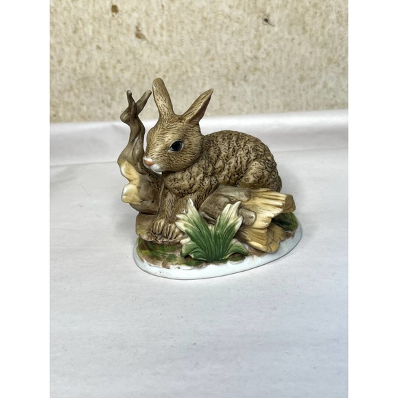 Homco | Accents | Homco Porcelain Brown Bunny Rabbit On A Log | Poshmark
